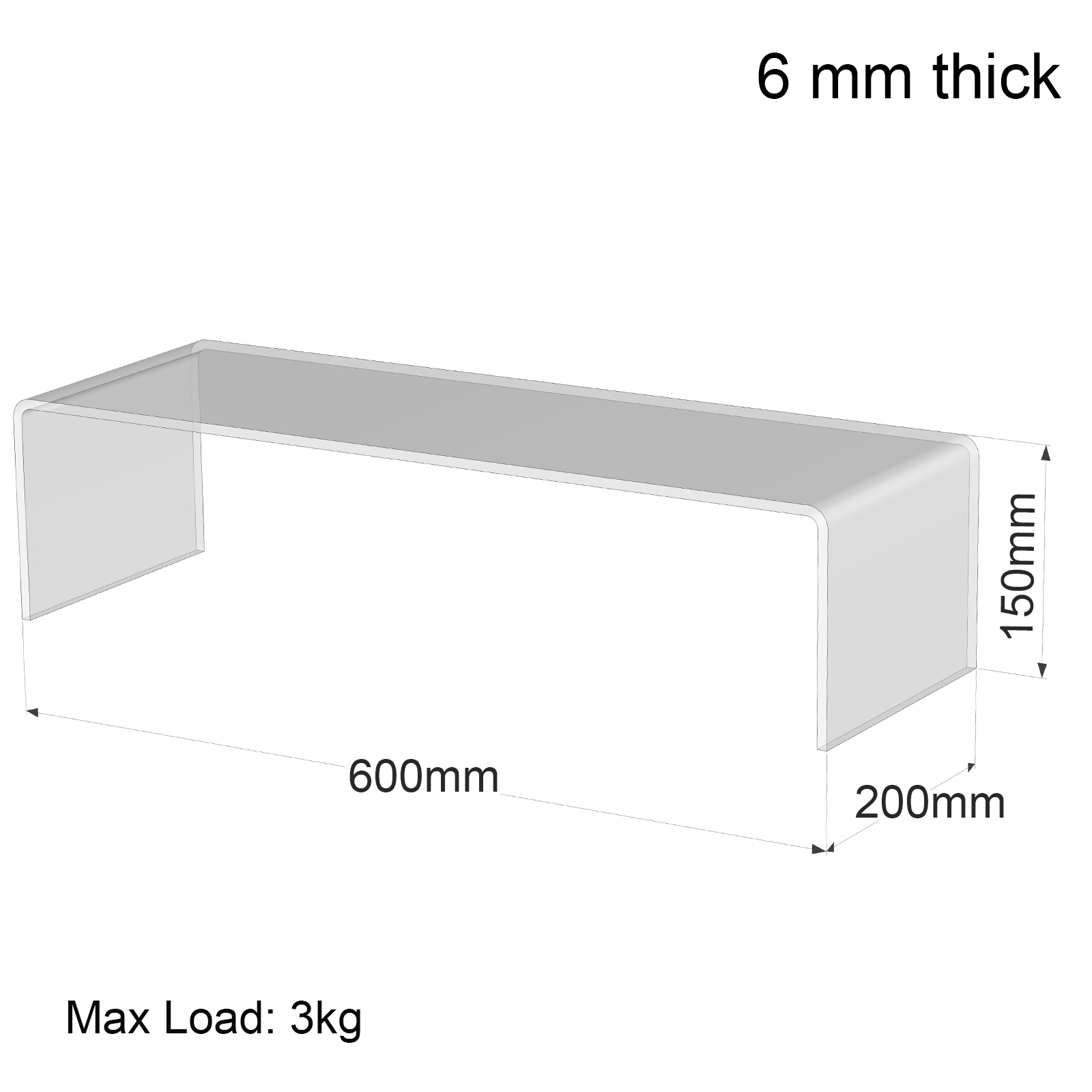 60cm x 20cm x 15cm -6mm thick, Max Load 3kg Acrylic Display Shelf ...